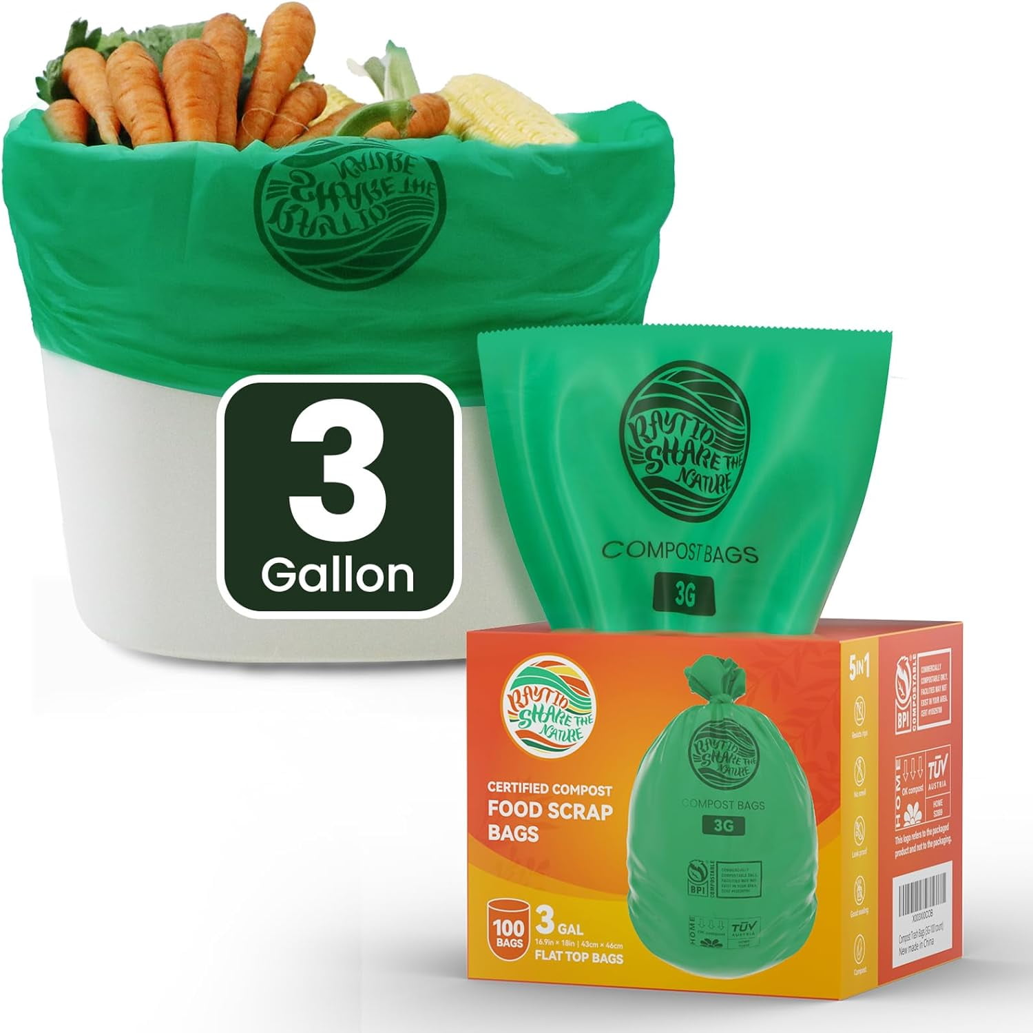 Compost Bags 3 Gallon,100 Count,Compost Food Scrap Waste Bags Fits ...
