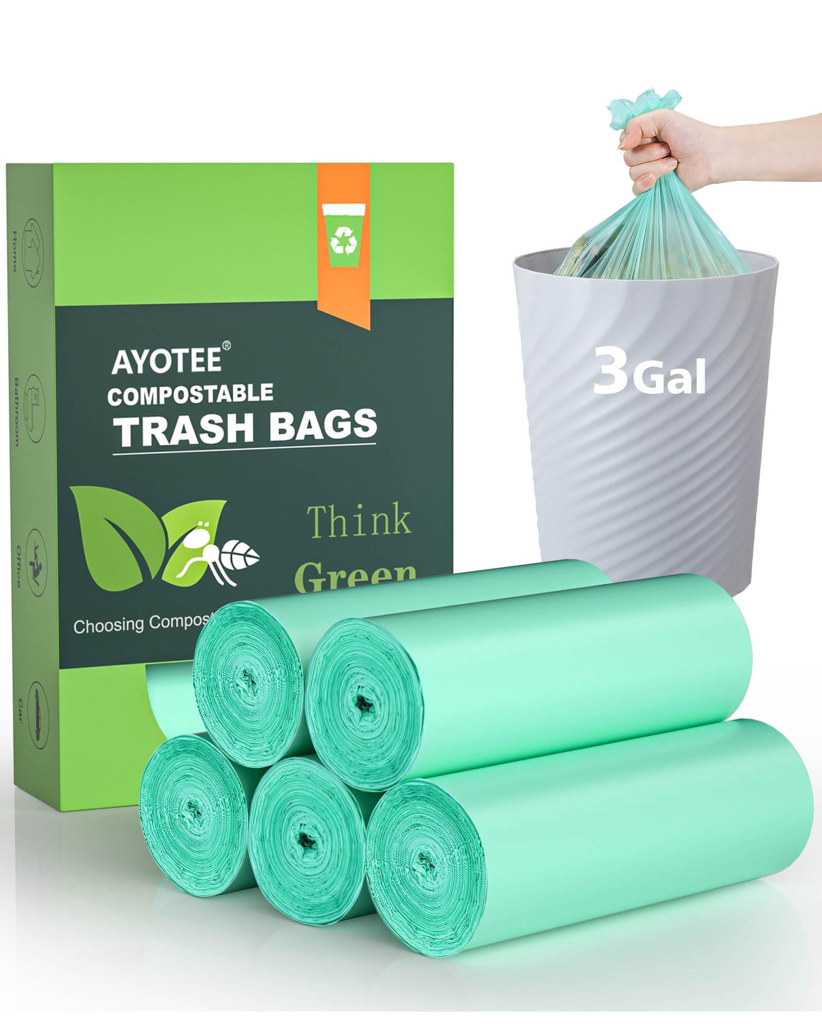 Compost Bags 3 Gallon AIF9 125 Packs,AYOTEE Compostable Trash Bags 3 ...