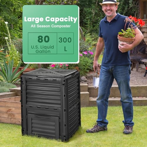 Compost Bin Outdoor, 80 Gallon Garden Compost Bin with Top Lid & Bottom ...