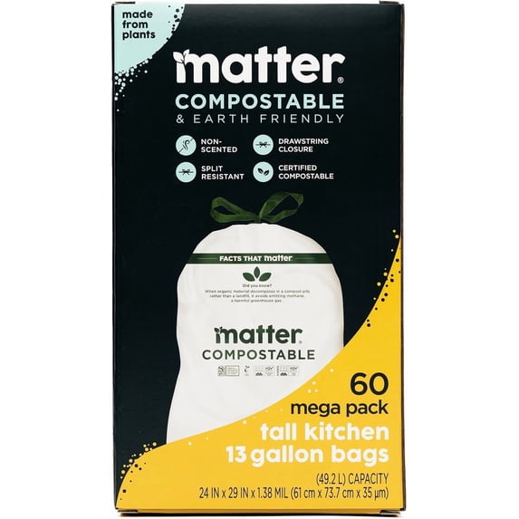 Compostable 13 Gallon Tall Kitchen Trash Bags with Drawstring, Eco ...