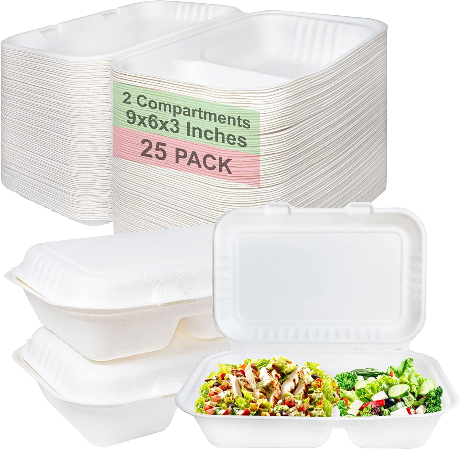 Compostable 2-Compartment Rectangular Hinged Clamshell Food Containers ...
