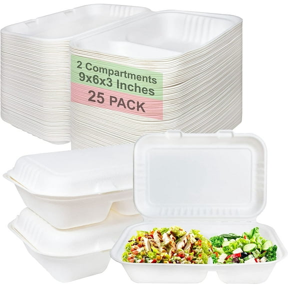 8"x8"x3" White Foam Disposable Clamshell Trays, 3-Compartment Take Out Boxes - 25 Count ...