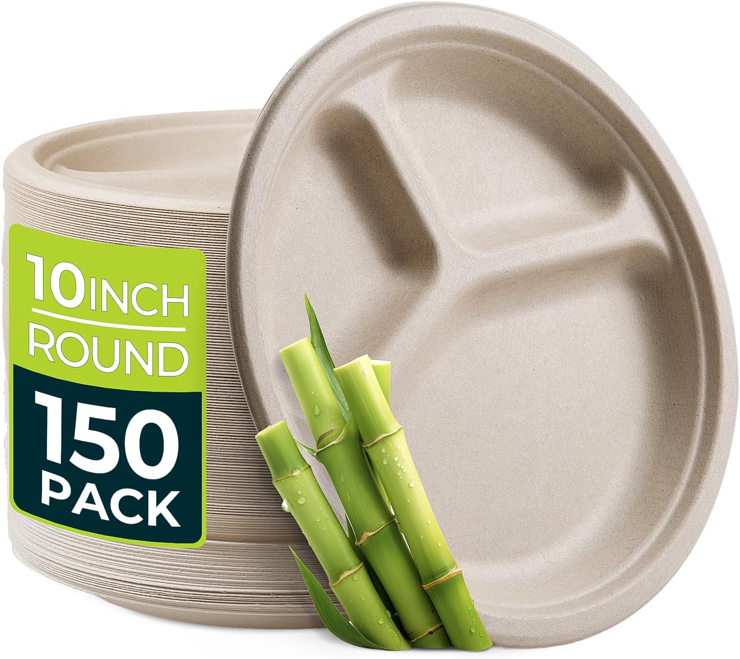 Compostable 3 Compartment Paper Plates, Disposable Heavy Duty 10 Inch ...