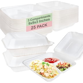 8"x8"x3" White Foam Disposable Clamshell Trays, 3-Compartment Take Out ...