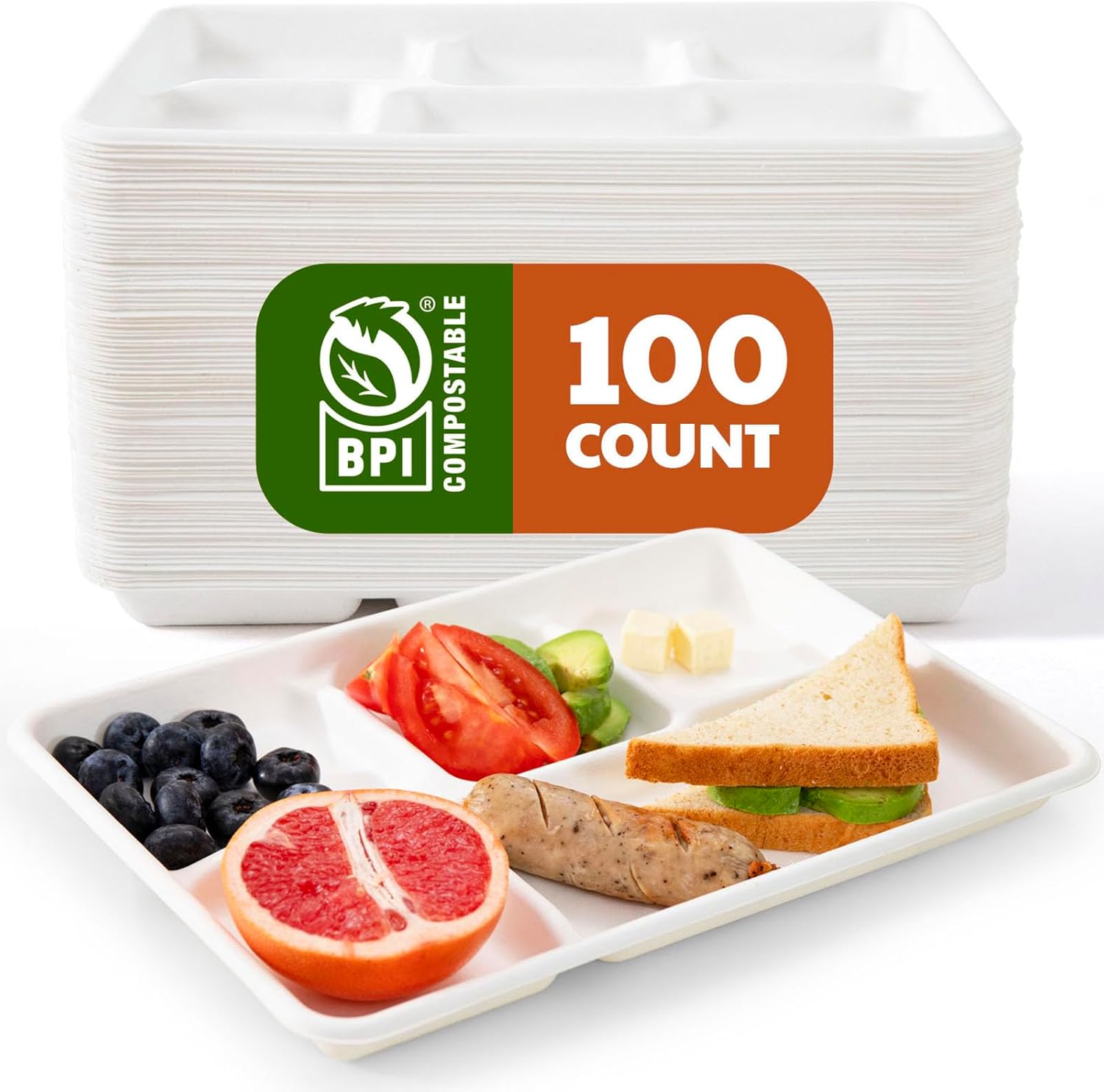 Compostable 5-Compartment Paper Plates, 100 Count, 12.5 x 8.6 inch ...