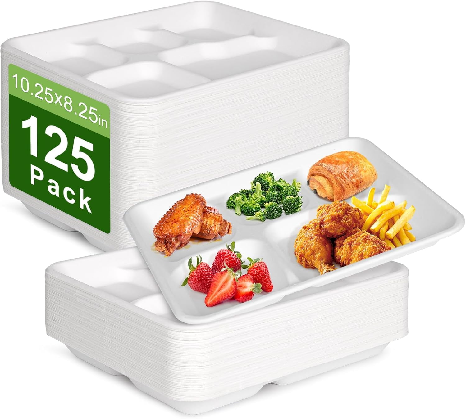 Compostable 5 Compartment Plates Disposable, 10.25 x 8.25 inch, 125 ...
