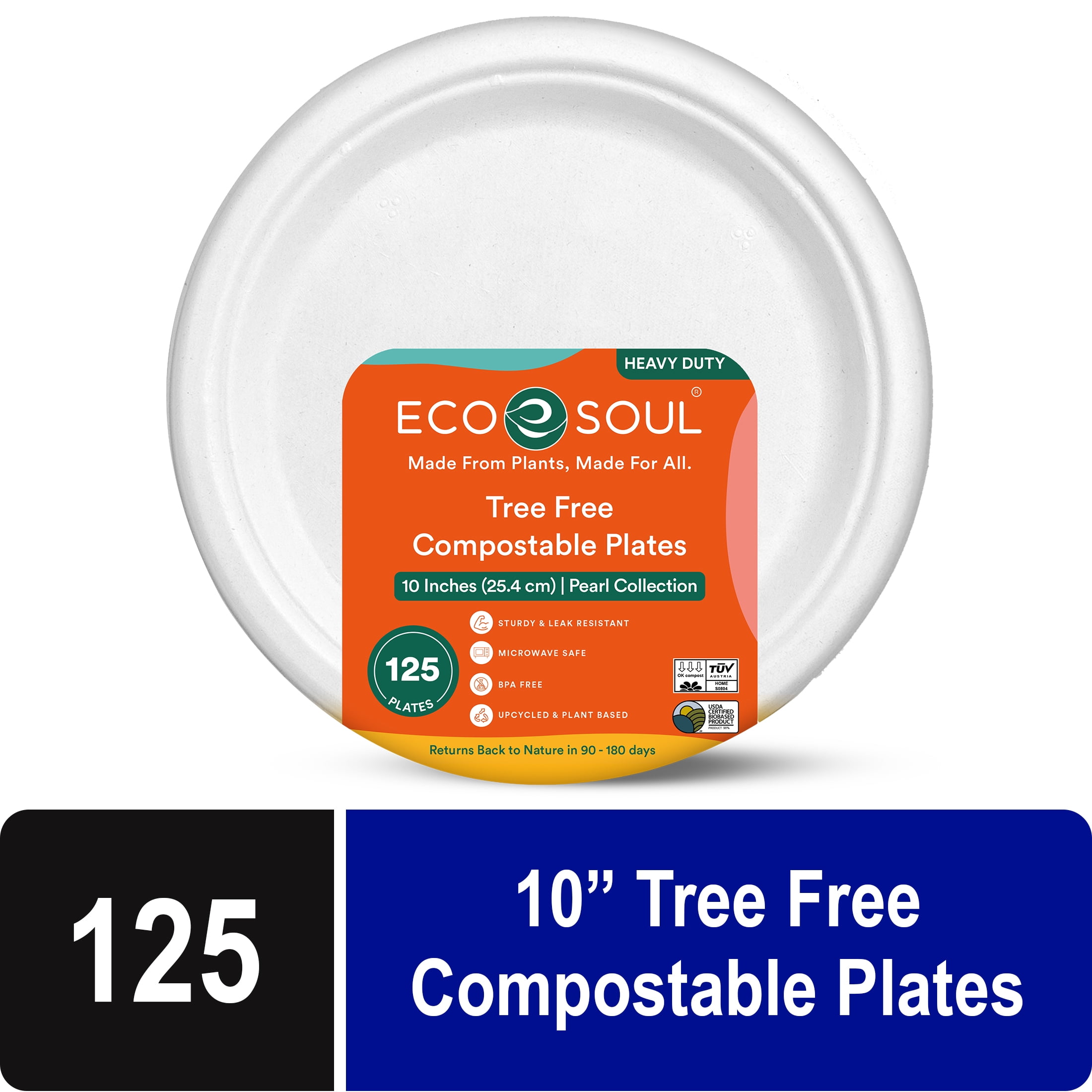 Eco Soul Home Round Compostable Bagasse Plates - Pearl White, 10 Inches ...