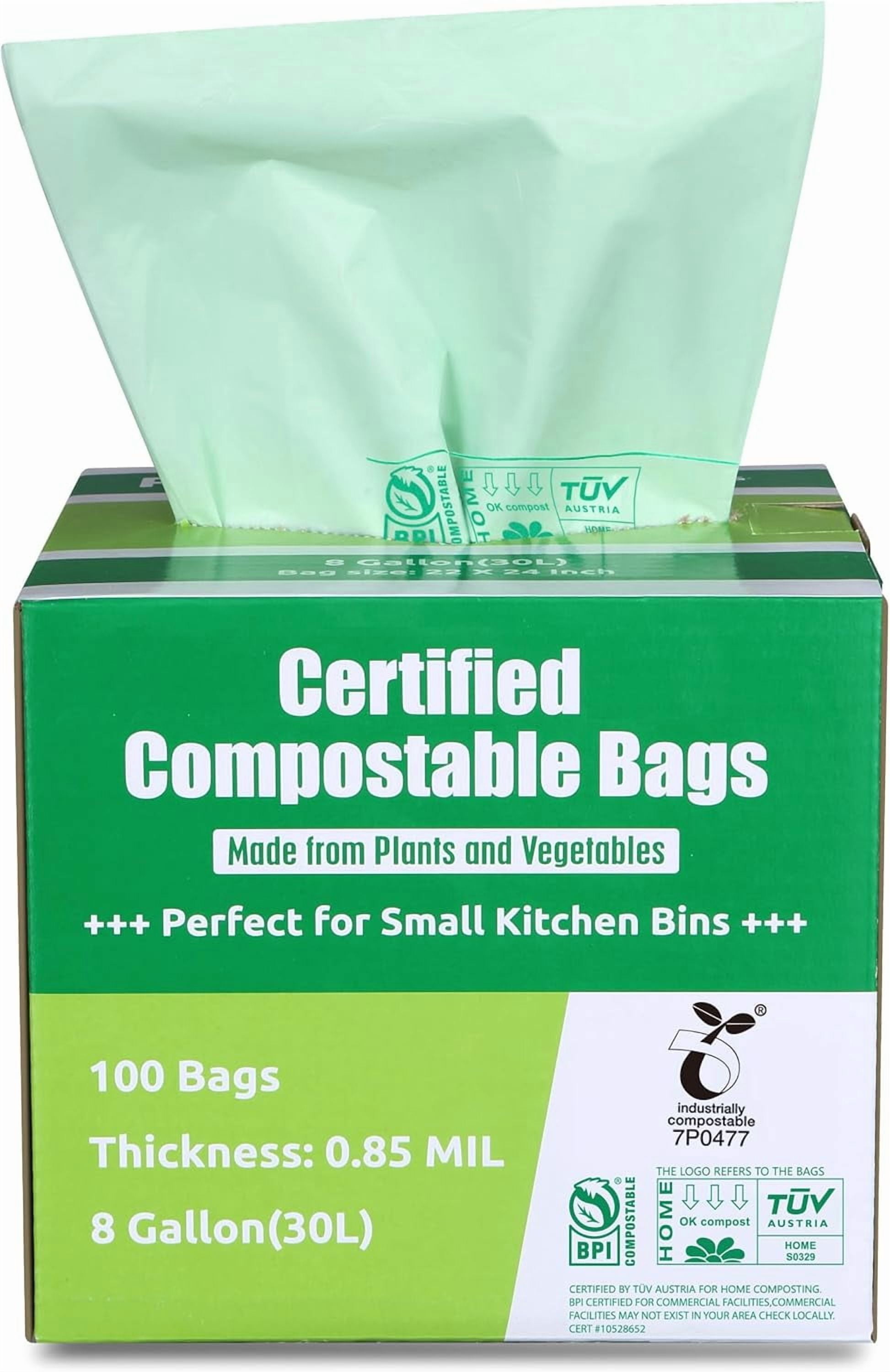 Compostable Bags, 8 Gallon (30L) Food Scraps Yard Waste Bags, 100 Count ...