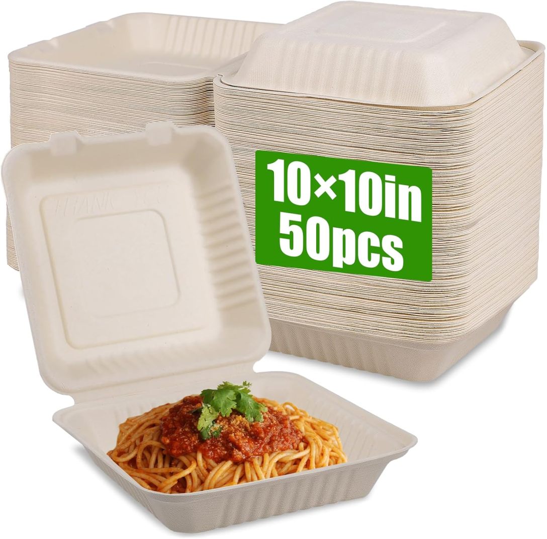 Compostable Clamshell To Go Food Containers 10"x10"x3", 50 Pack ...