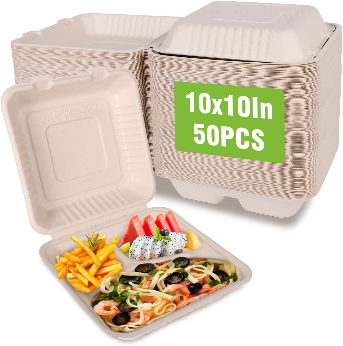 Compostable Clamshell To Go Food Containers with Lids 10"x10"x3" 200 ...
