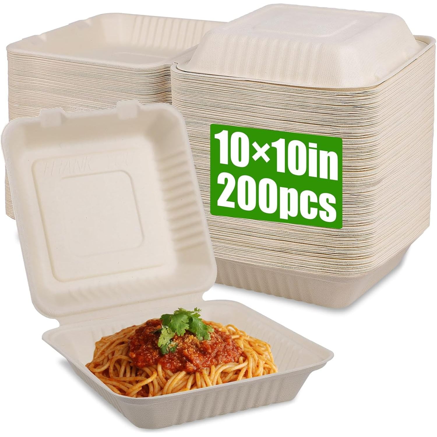 Compostable Clamshell To Go Food Containers with lids 10"x10"x3", 200 ...