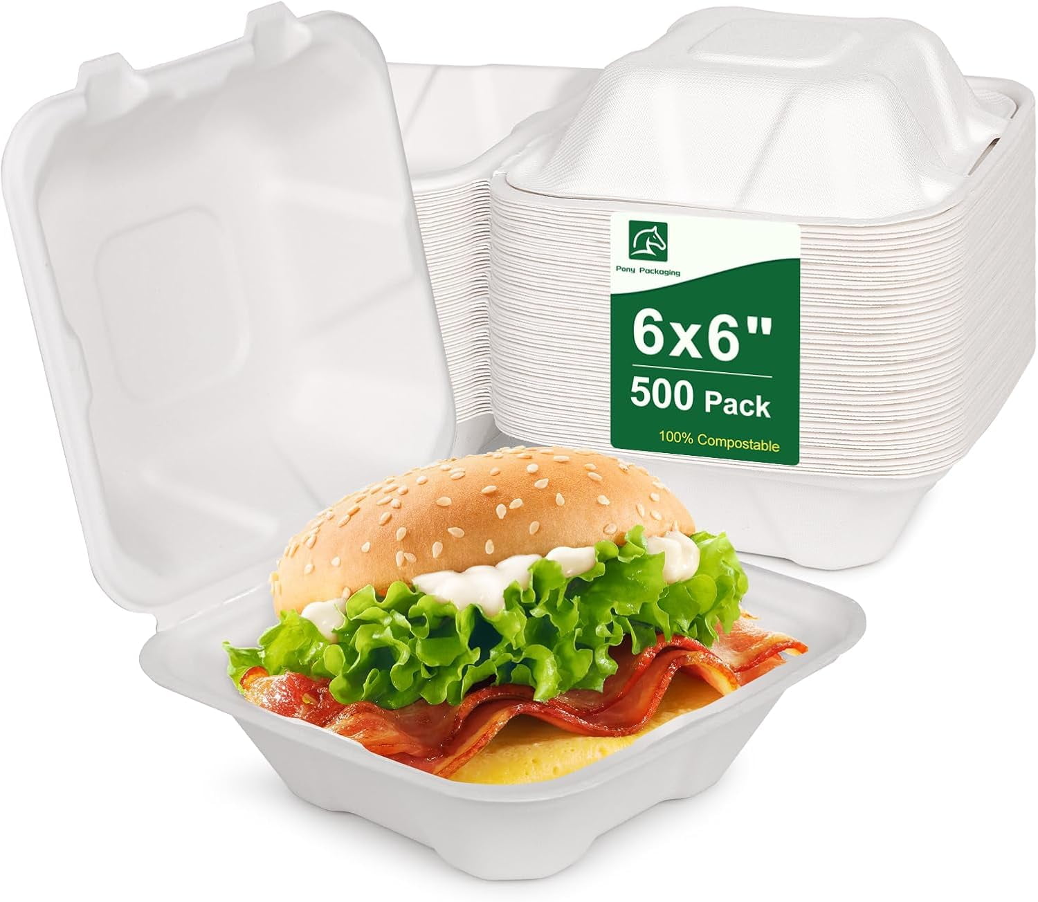Compostable Clamshell To Go Food Containers with lids 6"x6"x3", 500 ...