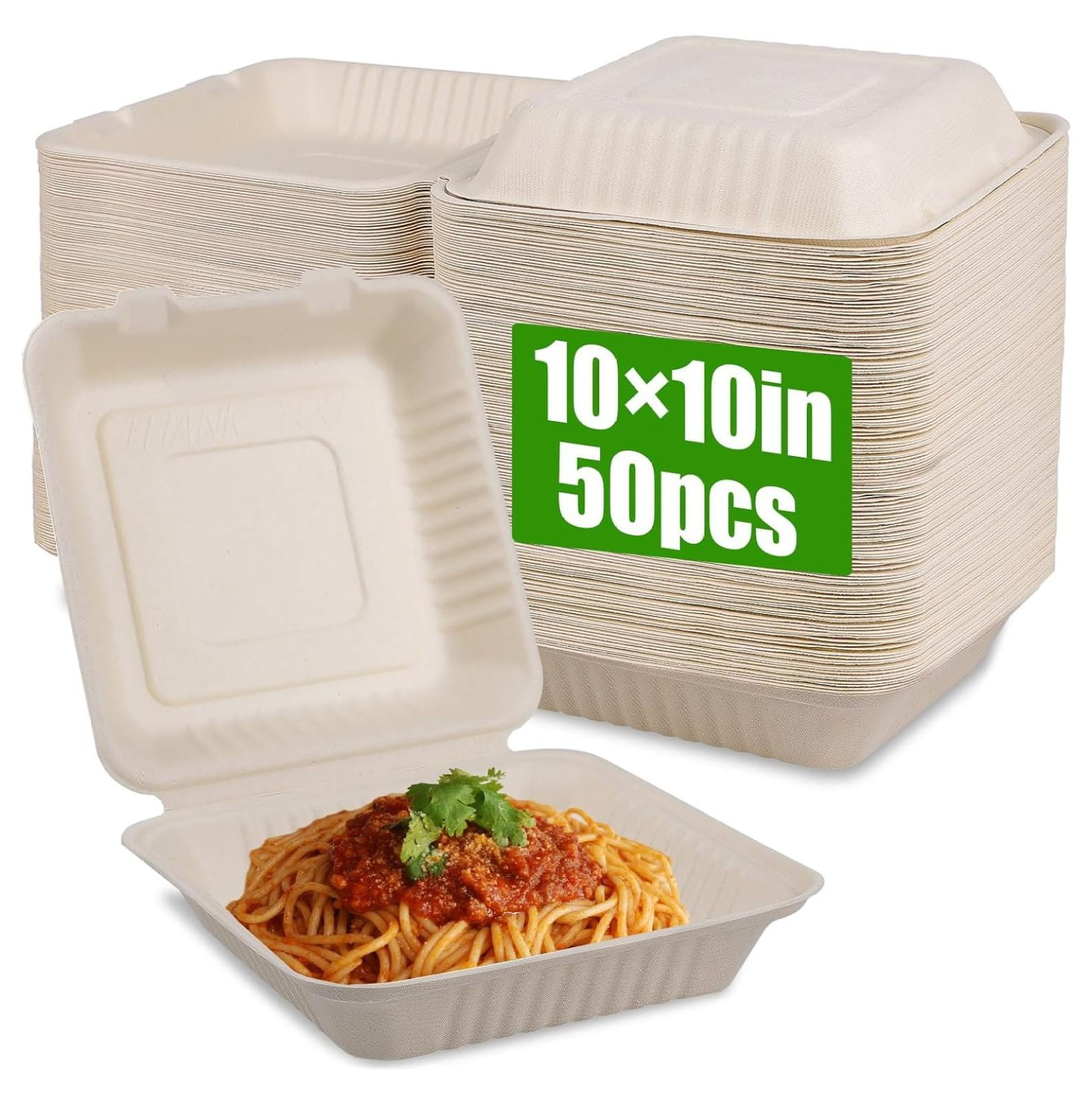 Compostable Clamshell To Go Food Containers with lids 10"x10"x3", 50 ...