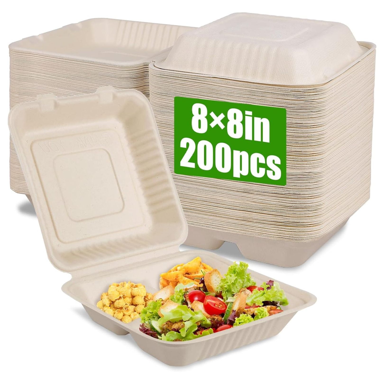 Compostable Clamshell To Go Food Containers with lids 8"x8"x3", 200 ...