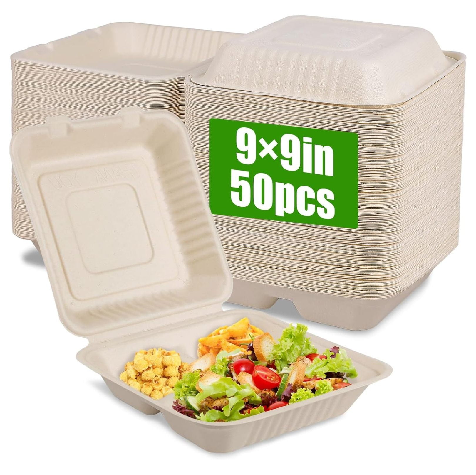 Compostable Clamshell To Go Food Containers with Lids 9"x9"x3", 50 Pack ...