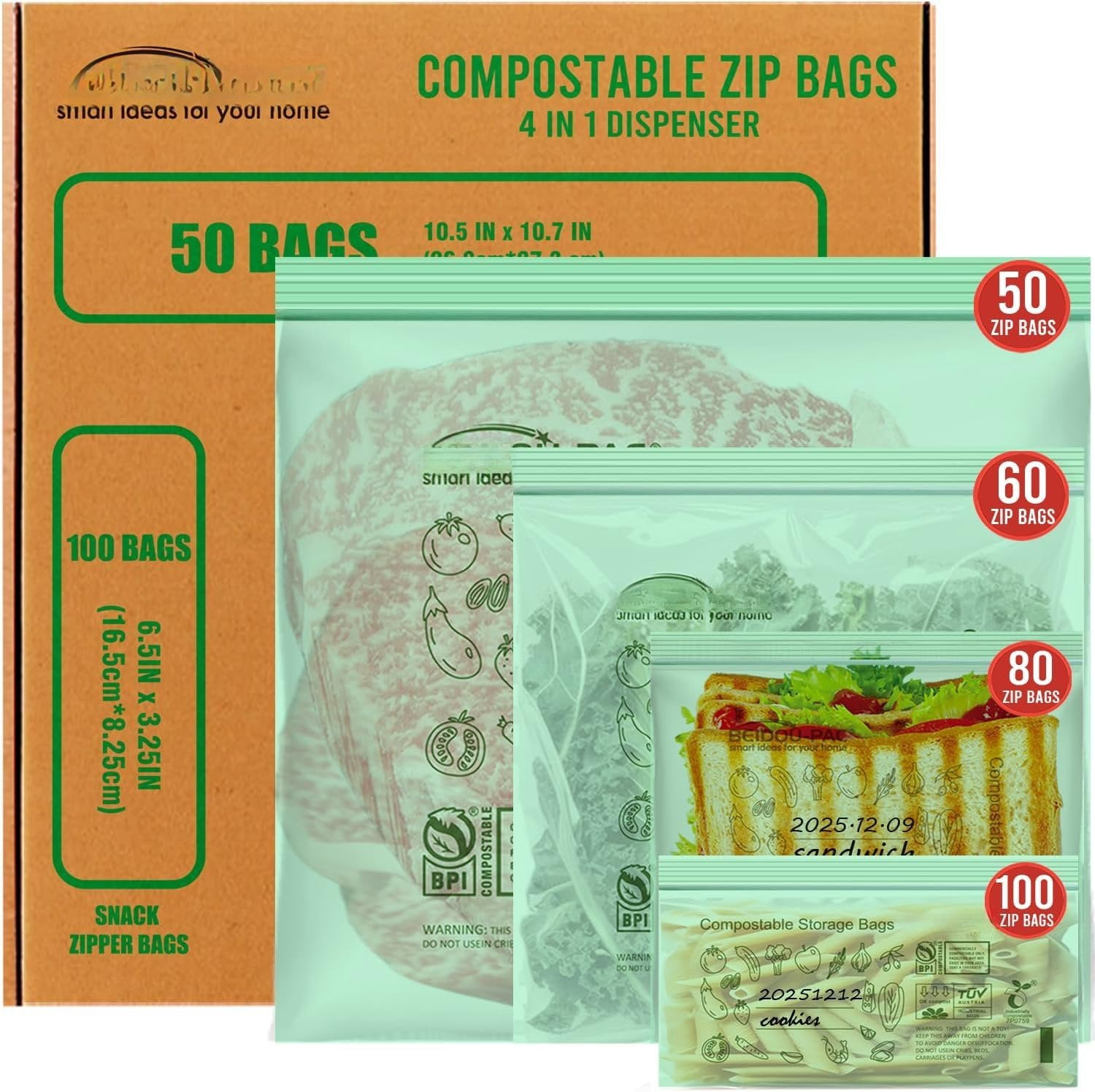 Compostable Combo Storage Zip Bags, 290 Count Resealable Variety Pack ...