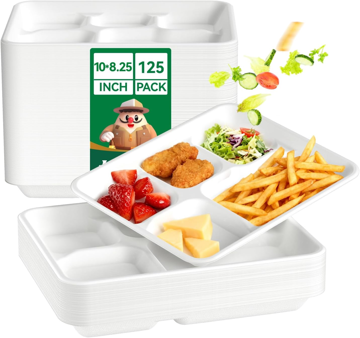 Compostable 𝟱 Compartment Paper Plates 10*8.25*1 𝗶𝗻𝗰𝗵 [𝟭𝟮𝟱 𝗣𝗮𝗰𝗸] Small ...
