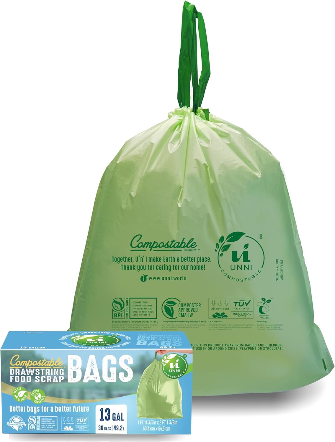 Compostable Drawstring Bags, 13 Gallon, 49.2 Liter, 30 Count, Heavy ...