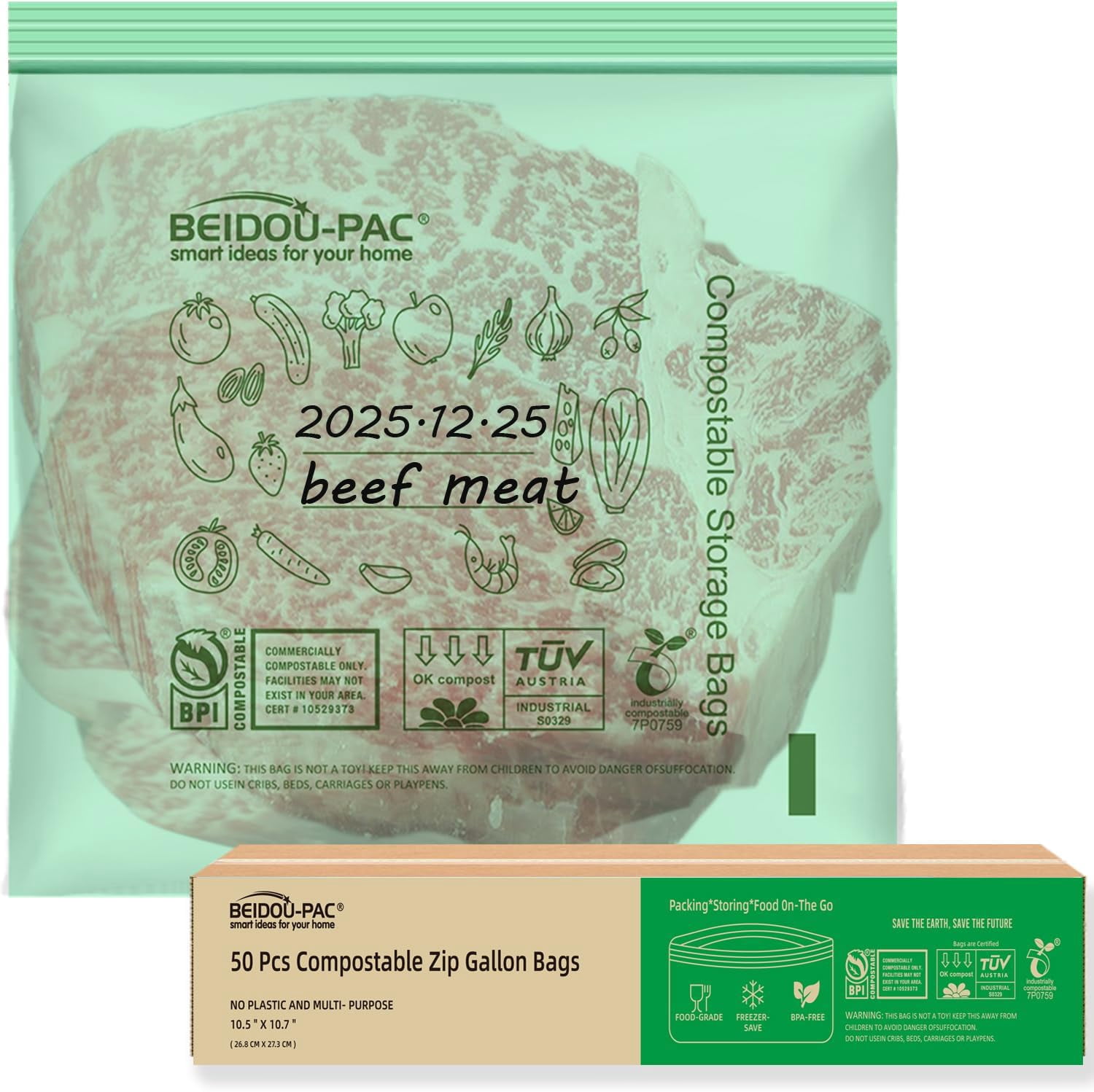 Compostable Gallon Food Storage Freezer Bags, 50 Count | 2 Mil | 10.5 ...