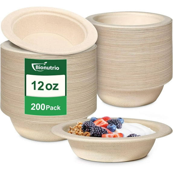 Compostable Paper Bowls 12 oz, 200 Pack Bowls Disposable Heavy Duty ...