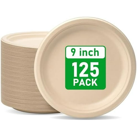 Compostable Paper Plates 9 Inch [125 Pack], Disposable Biodegradable ...