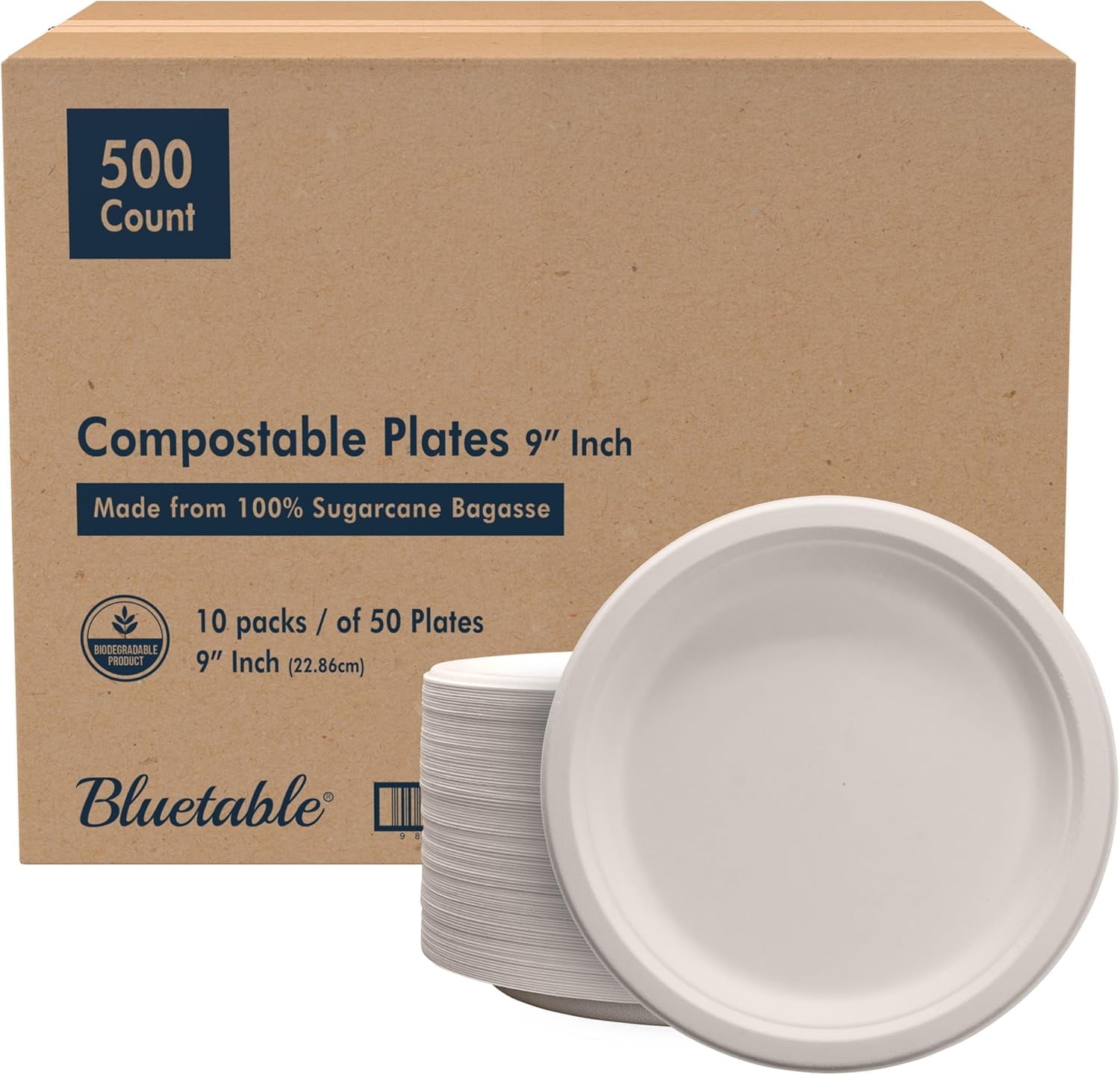 Paper Plates Disposable 9 Inch , Compostable Bagasse [500 Pack] Bulk ...