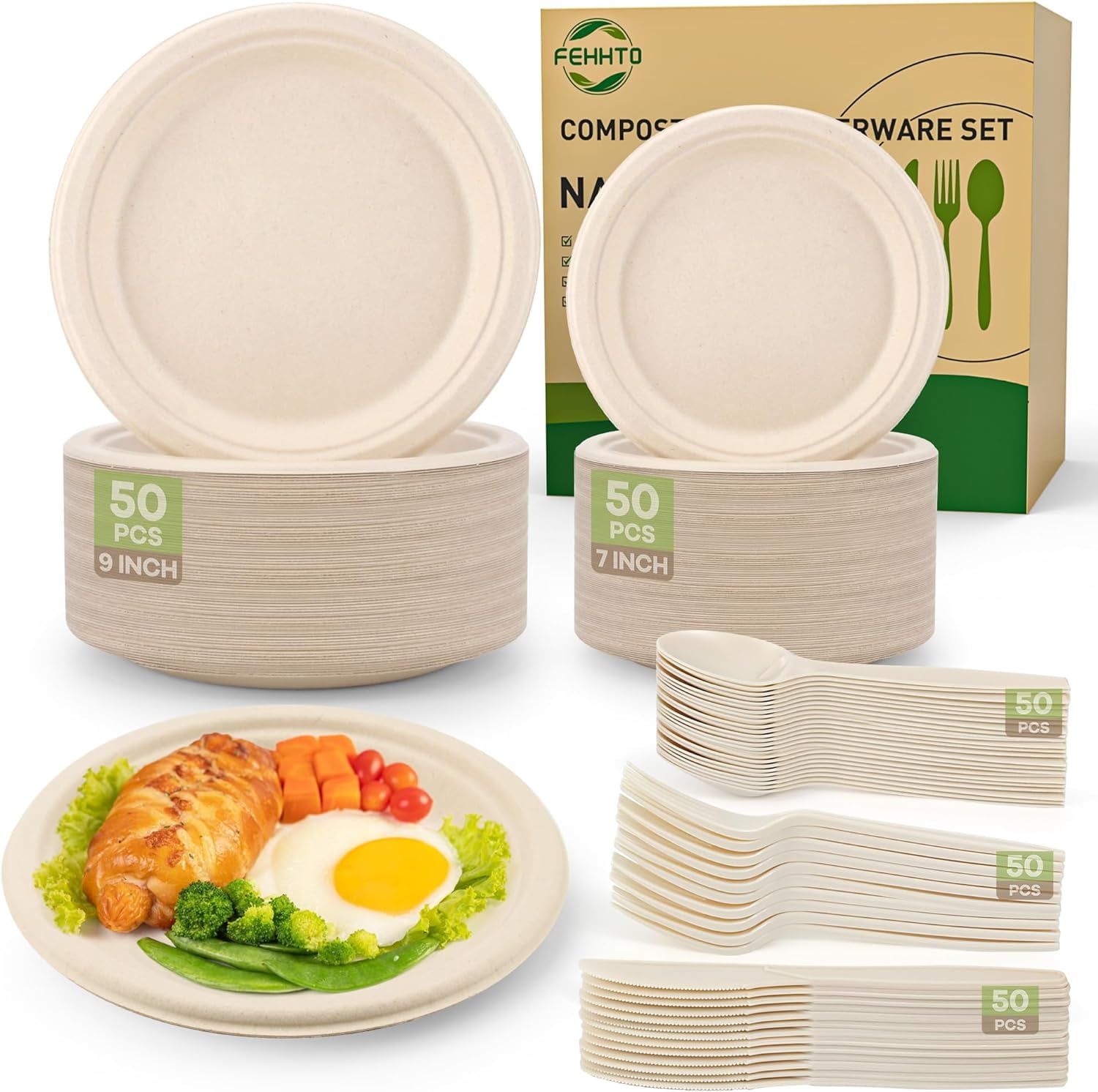 Compostable Paper Plates Set, 250PCS Disposable Heavy-Duty Sugarcane ...