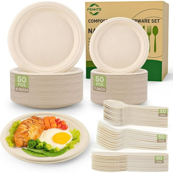 Compostable Paper Plates Set, 250PCS Disposable Heavy-Duty Sugarcane ...