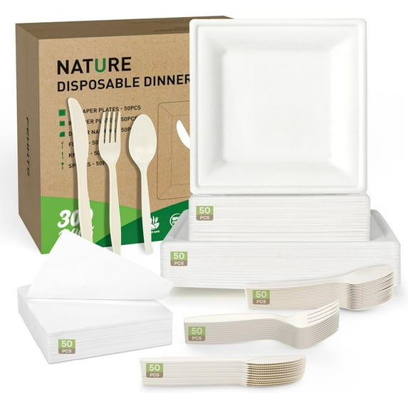 Compostable Paper Plates Set, 300PCS Disposable Heavy-Duty Plate and ...