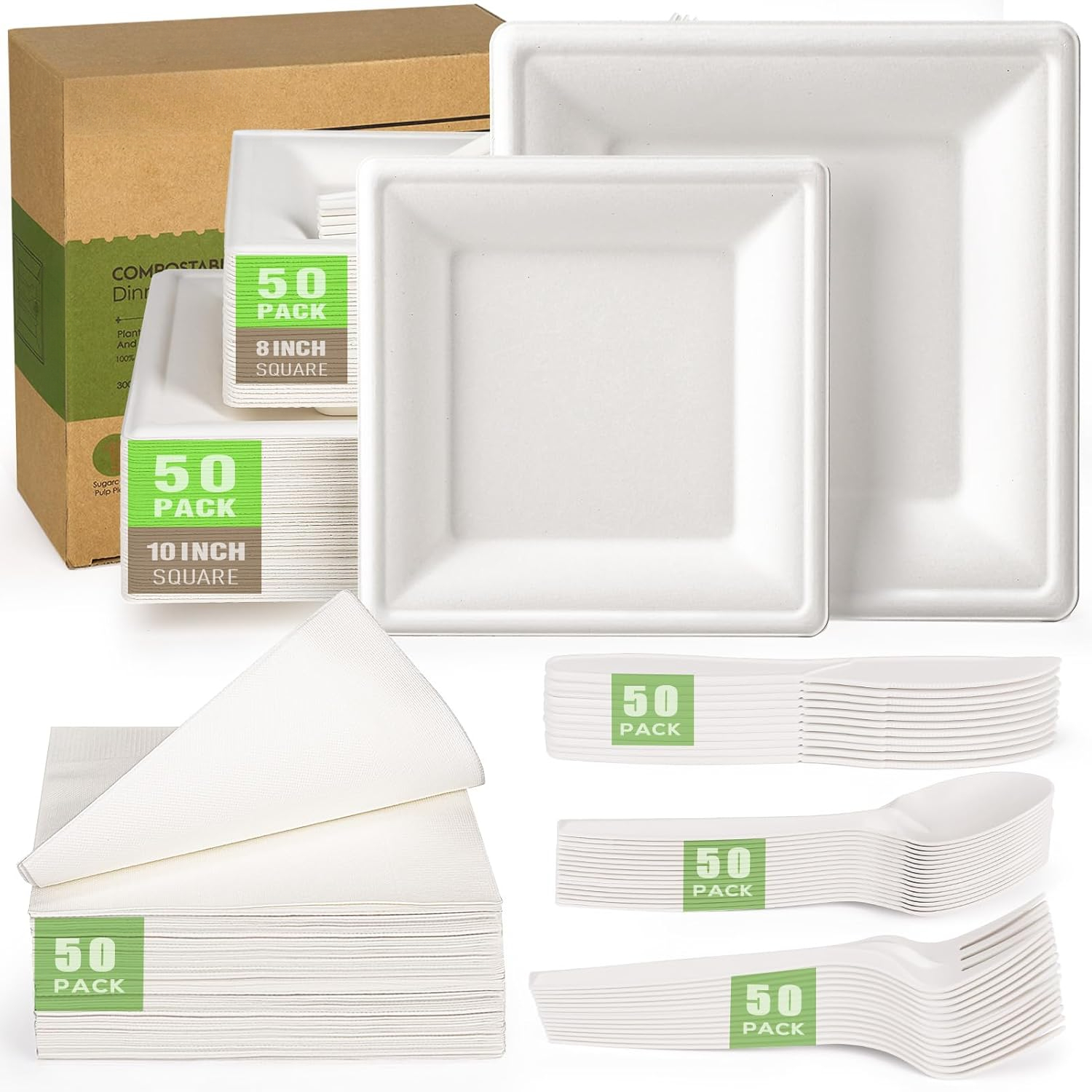 Compostable Paper Plates Set 300pcs - 10 Inch Eco-friendly White Square ...