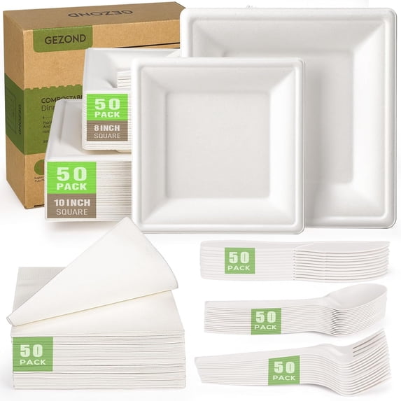 Compostable Paper Plates Set 300pcs Disposable Sugarcane 10 Inch Eco ...