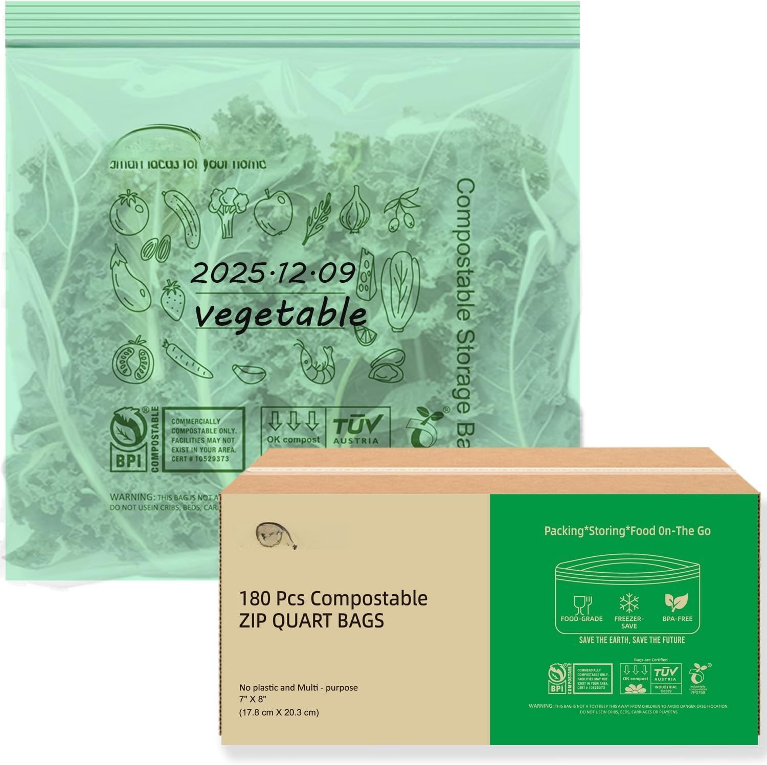 Compostable Quart Storage Freezer Bags, 180 Count | 2 Mil | 8 IN x 7 IN ...