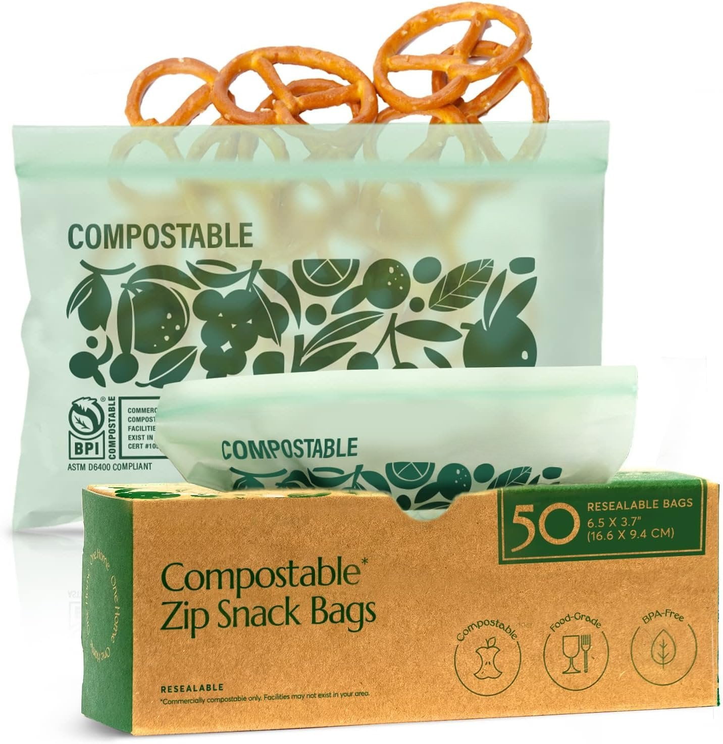 Compostable* Snack Size Storage Bags (50 Eco Zip) Freezer and Leak ...