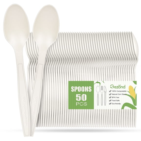 Gezond, Compostable Spoons, 50 Pack 7 Inch, Biodegradable Cutlery Set ...
