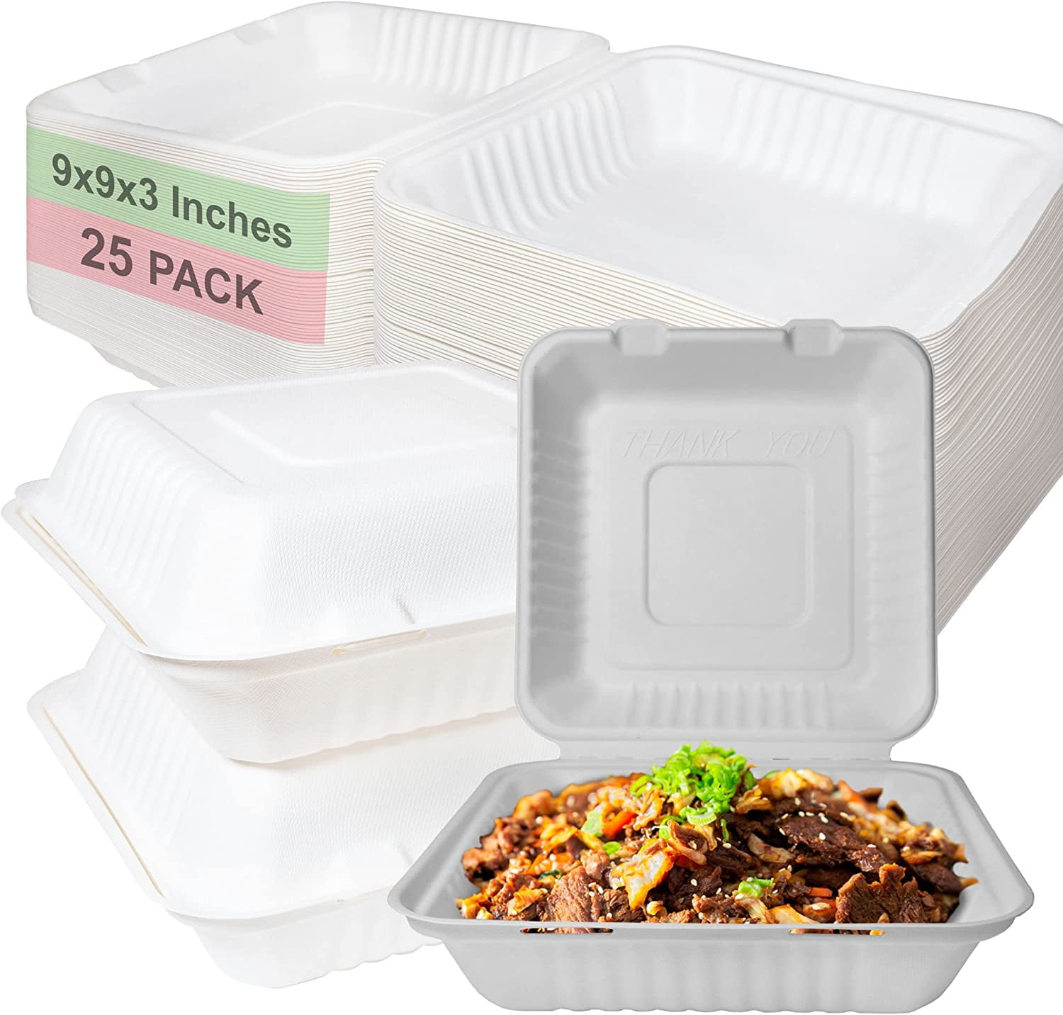 Compostable Square Hinged Clamshell Food Container 9x9x3 inch - Heavy ...