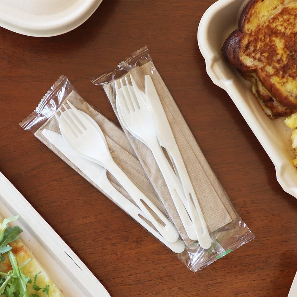 Compostable TPLA Assorted Cutlery, Wrapped with 6" Napkin (Pack of 250 ...