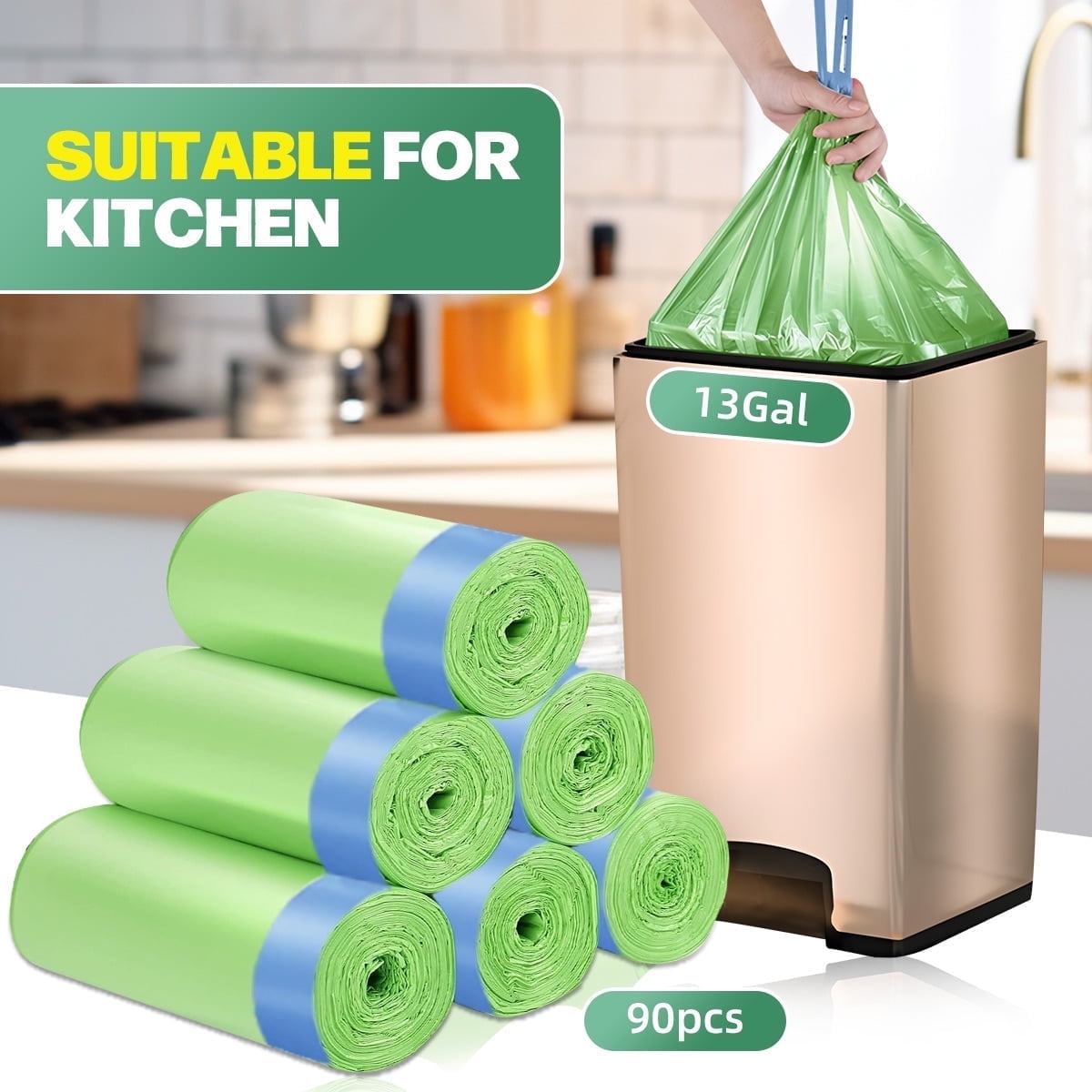 Andizun 13-Gallon Compostable Trash Garbage Bags – 90 Count (6 Pack) Tall Kitchen Bags, Great ...