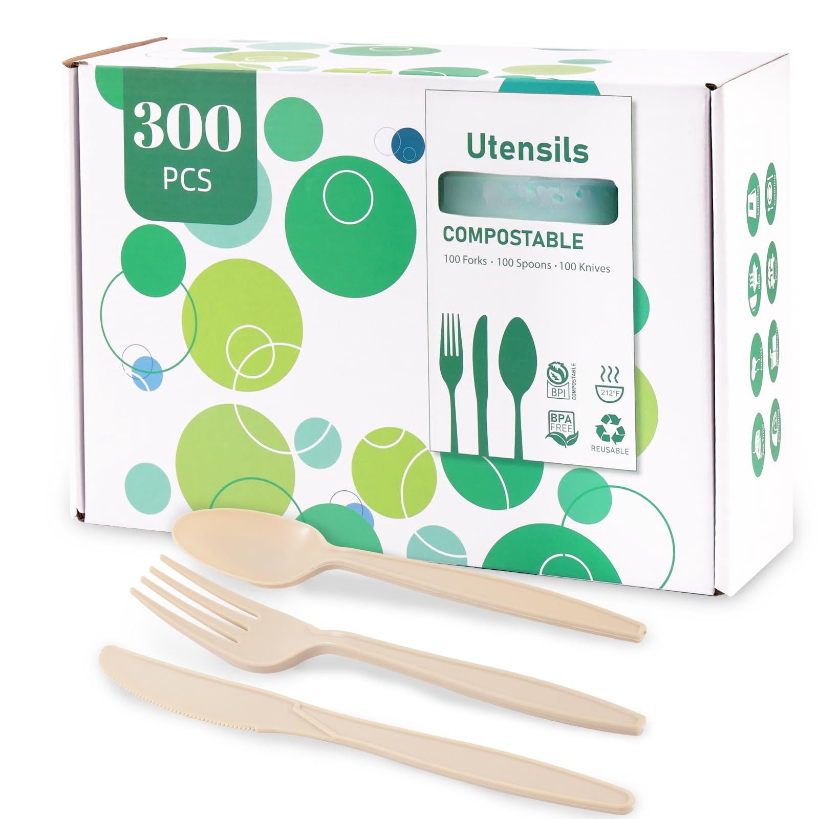 Compostable Utensils Light Brown Disposable Silverware Cutlery 100 ...