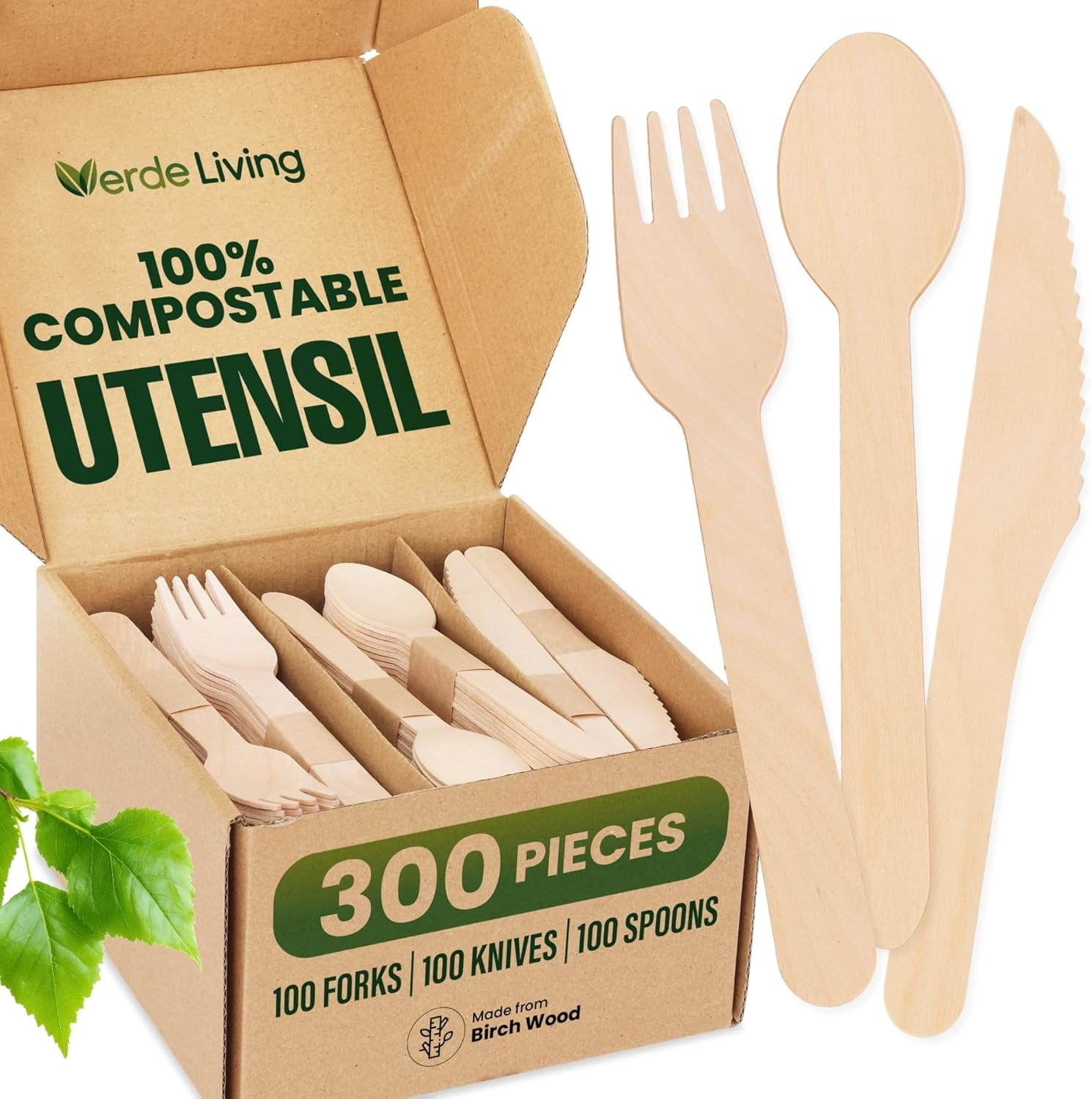 Compostable Utensils Set of 300 Bamboo Forks, Knives & Spoons | Wooden ...