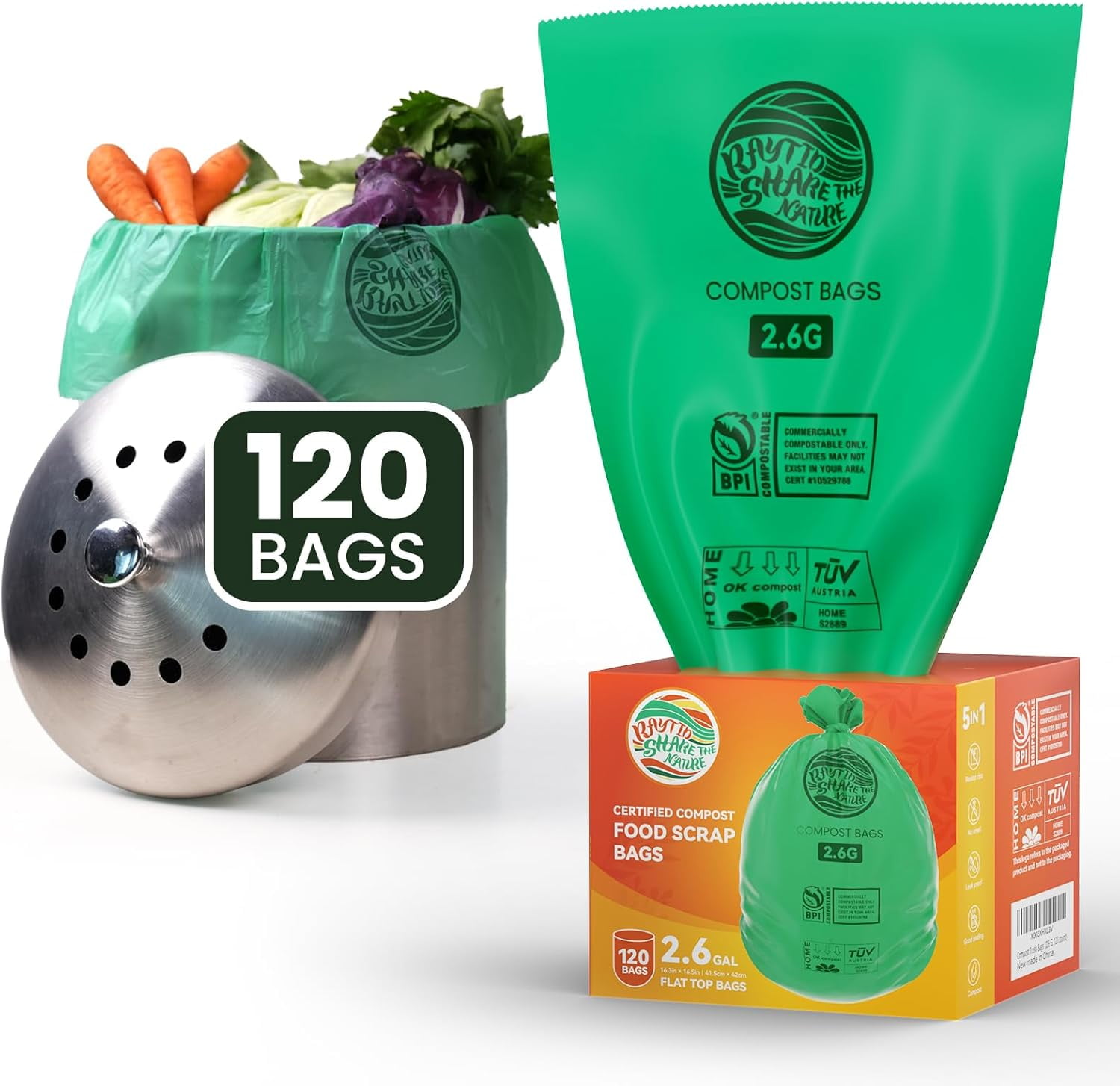 Compostable trash Bags 2.6 Gallon Compost Bags for Kitchen Countertop Bin 1.3,2,3, Gallon, 120 ...