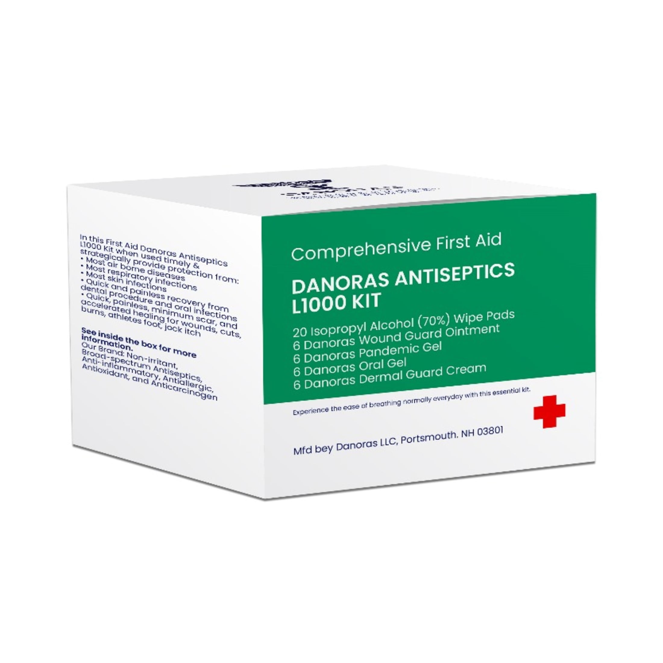 Comprehensive First Aid Danoras Antiseptic L1000 Kit: 20 Alcohol Pads, 6 Danoras Wound Guard ...