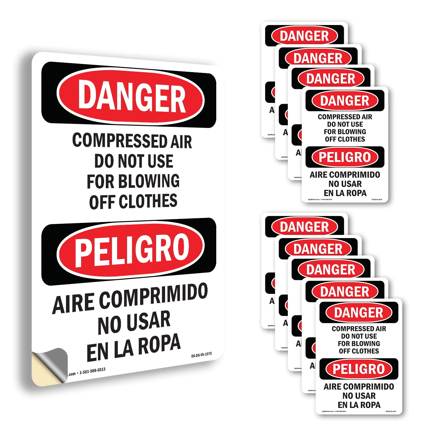 Compressed Air Not For Clothes Bilingual OSHA Danger Vinyl Decal Label ...