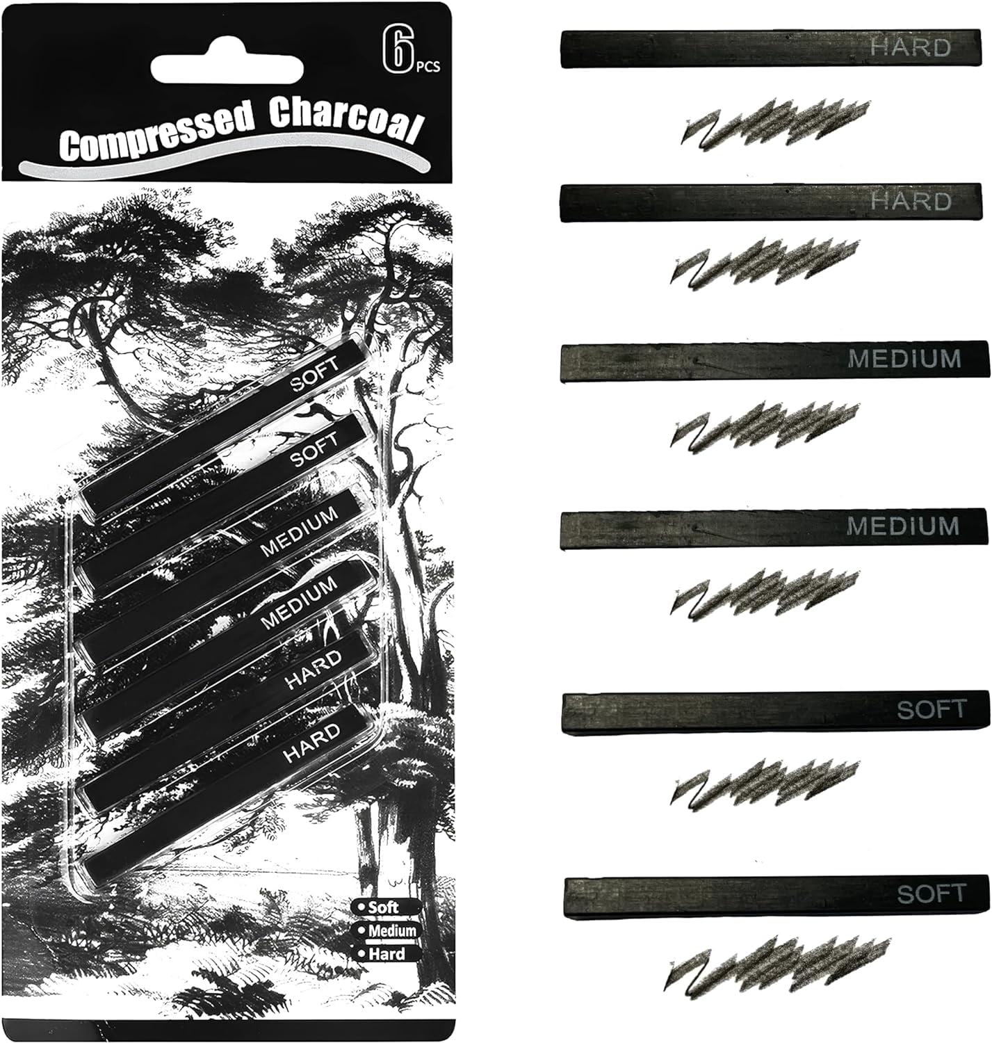 Compressed Square Vine Charcoal Sticks with 2 Soft, 2 Medium, 2 Hard 6 ...