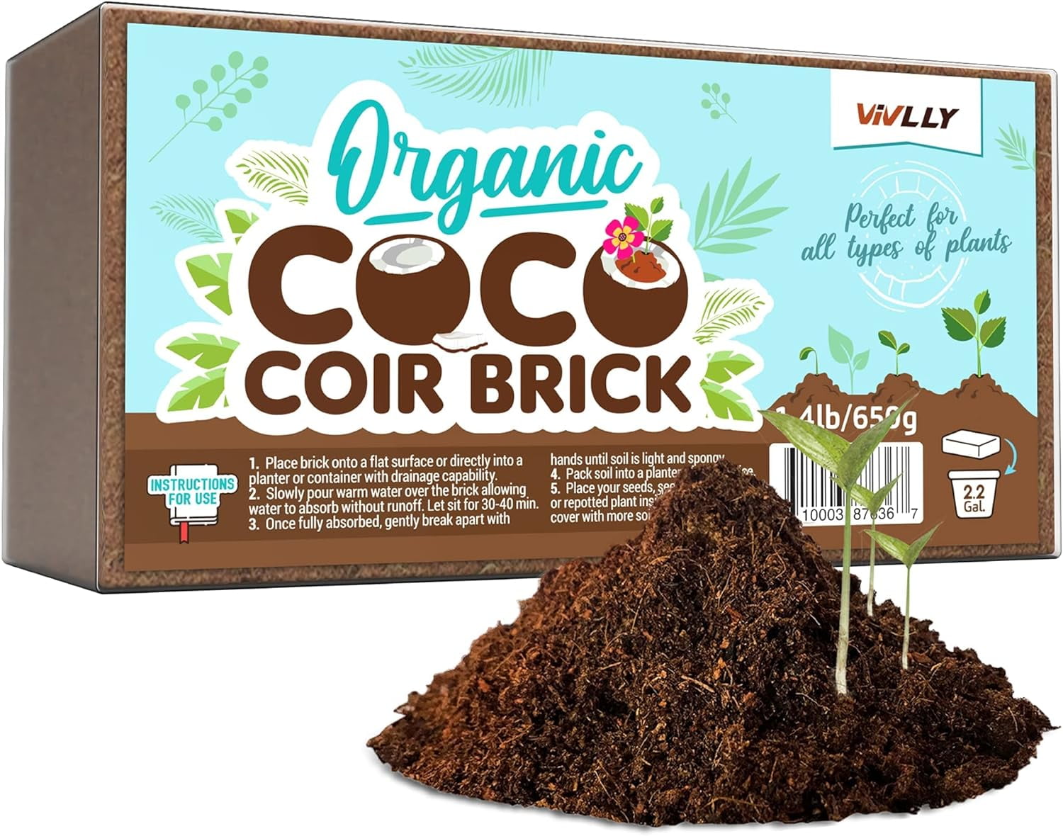 Vivlly Compressed Coco Coir Brick 1.4 lb, Low EC, Ideal for Planting ...