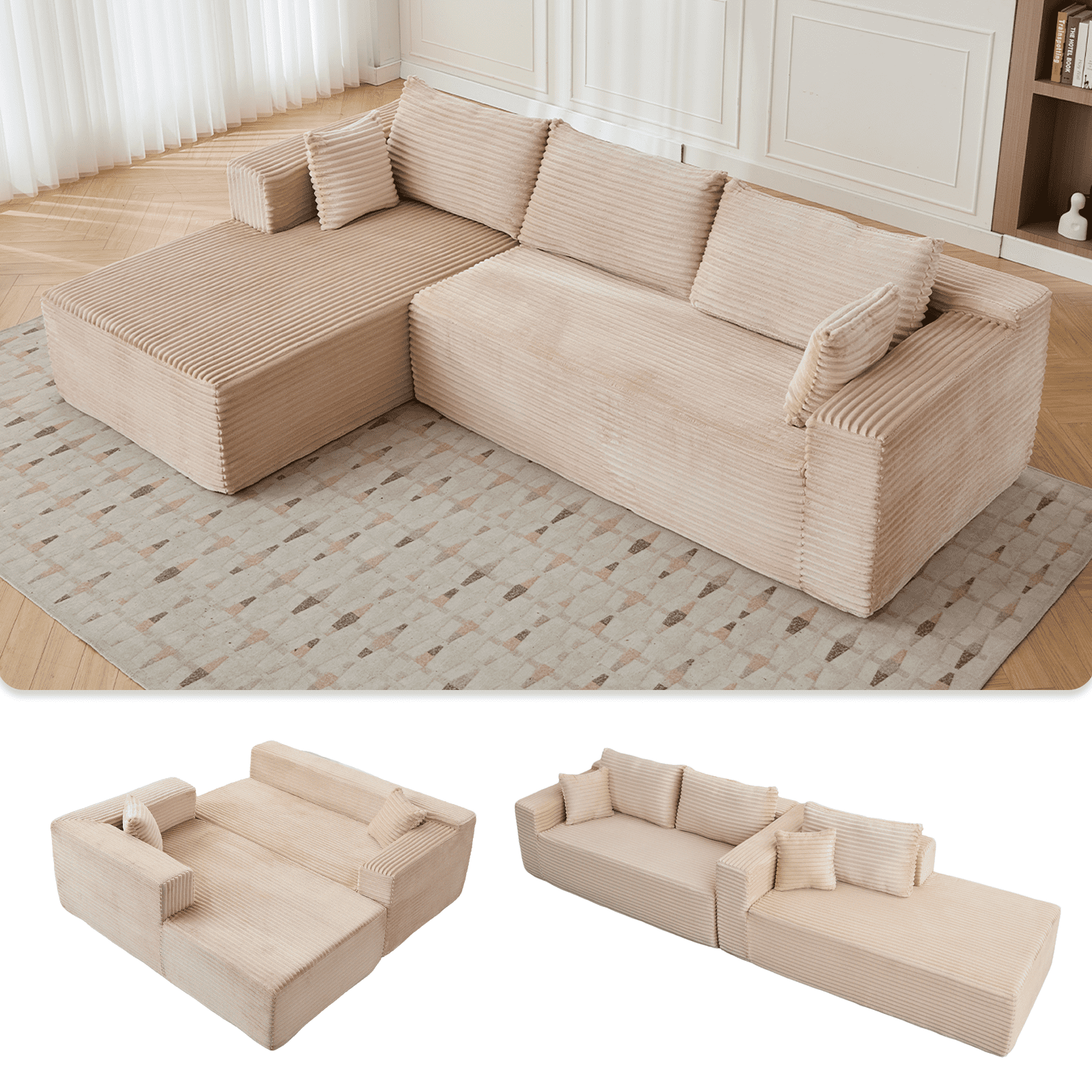 Compression Sectional Couch, Boneless L Shape Sofa with Deep Seat ...