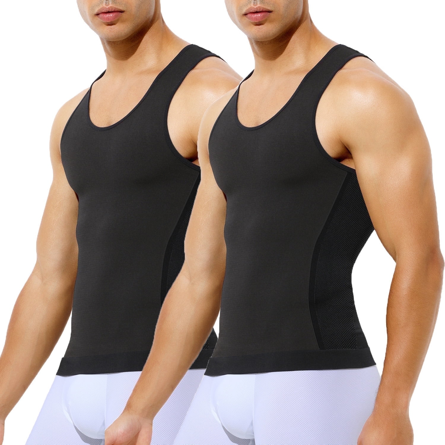 2 Pack Mens Compression Shirt Slimming Body Shaper Gynecomastia Tummy ...