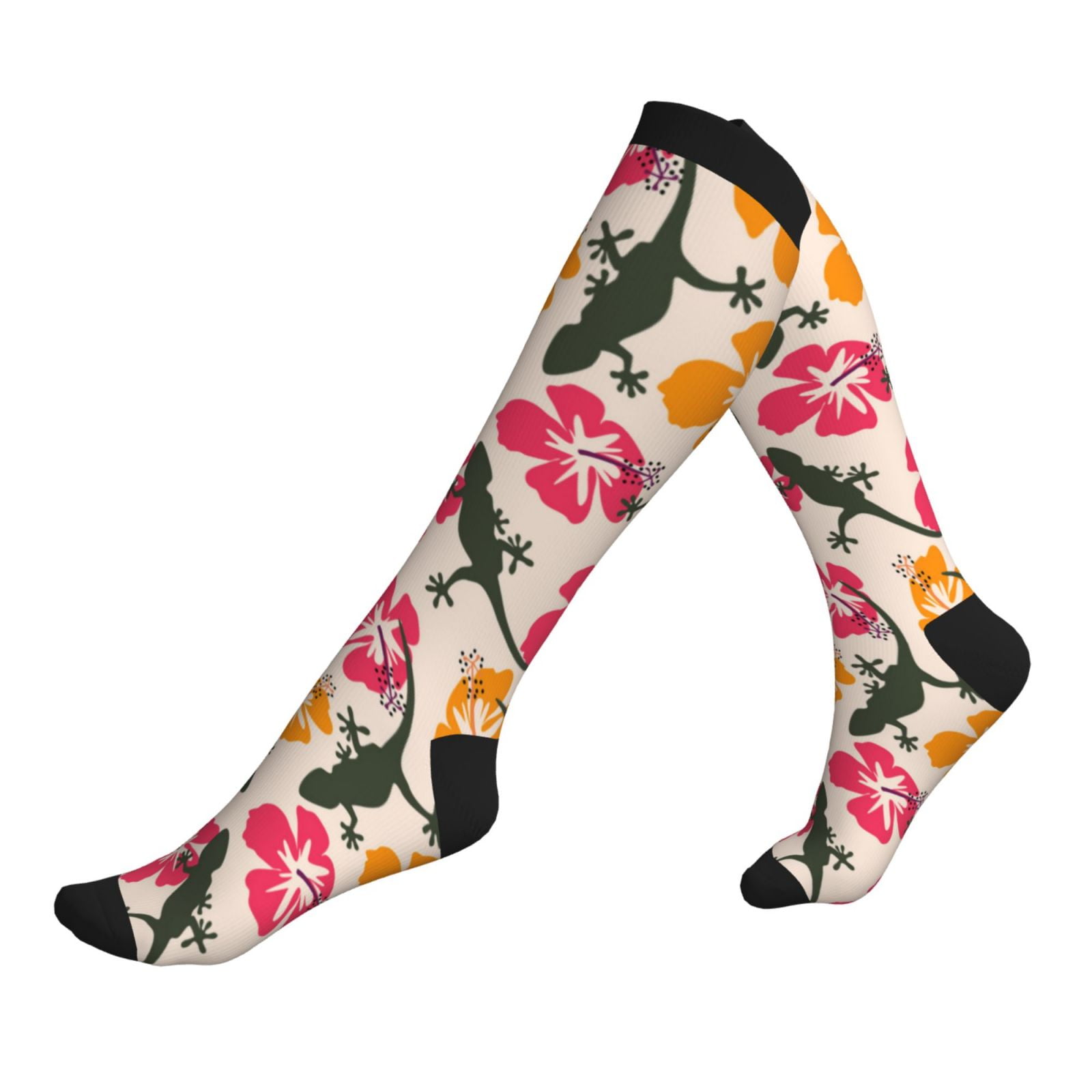 Compression Socks For Women And Men - Black Gecko Lizard Flowers ...