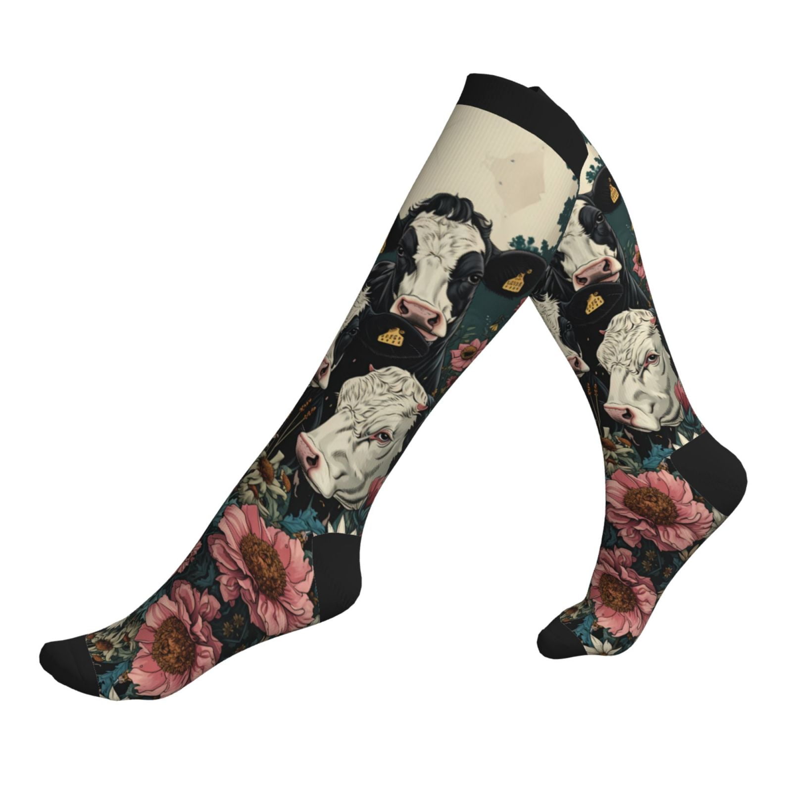Compression Socks for Men Women -Vintage Pink Sunflower Cow Knee High ...