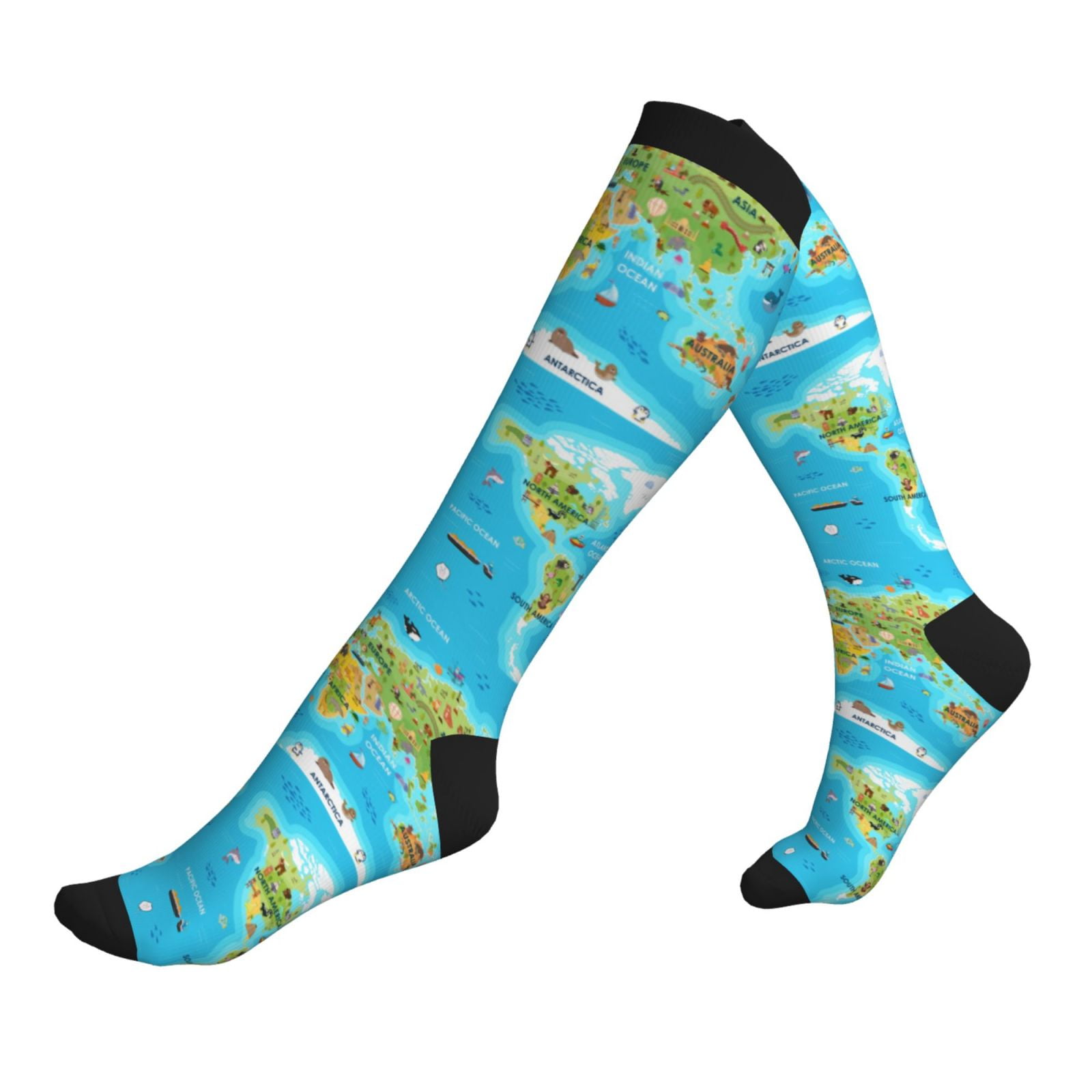 Compression Socks for Men Women -World Map With Animals Landmarks Knee ...