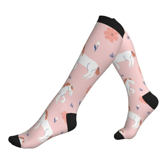 Compression Socks for Women Men - Cartoon Cute Horse Flower Pink Knee ...